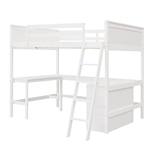 GYYBED Full Size Wooden Loft Bed with 3 Storage Shelves and Built-in L-Shape Desk for Kids Teens Adults Full Size loft Bed with Desk Full Size loft Bed loft Bed with Desk(White + Wood)