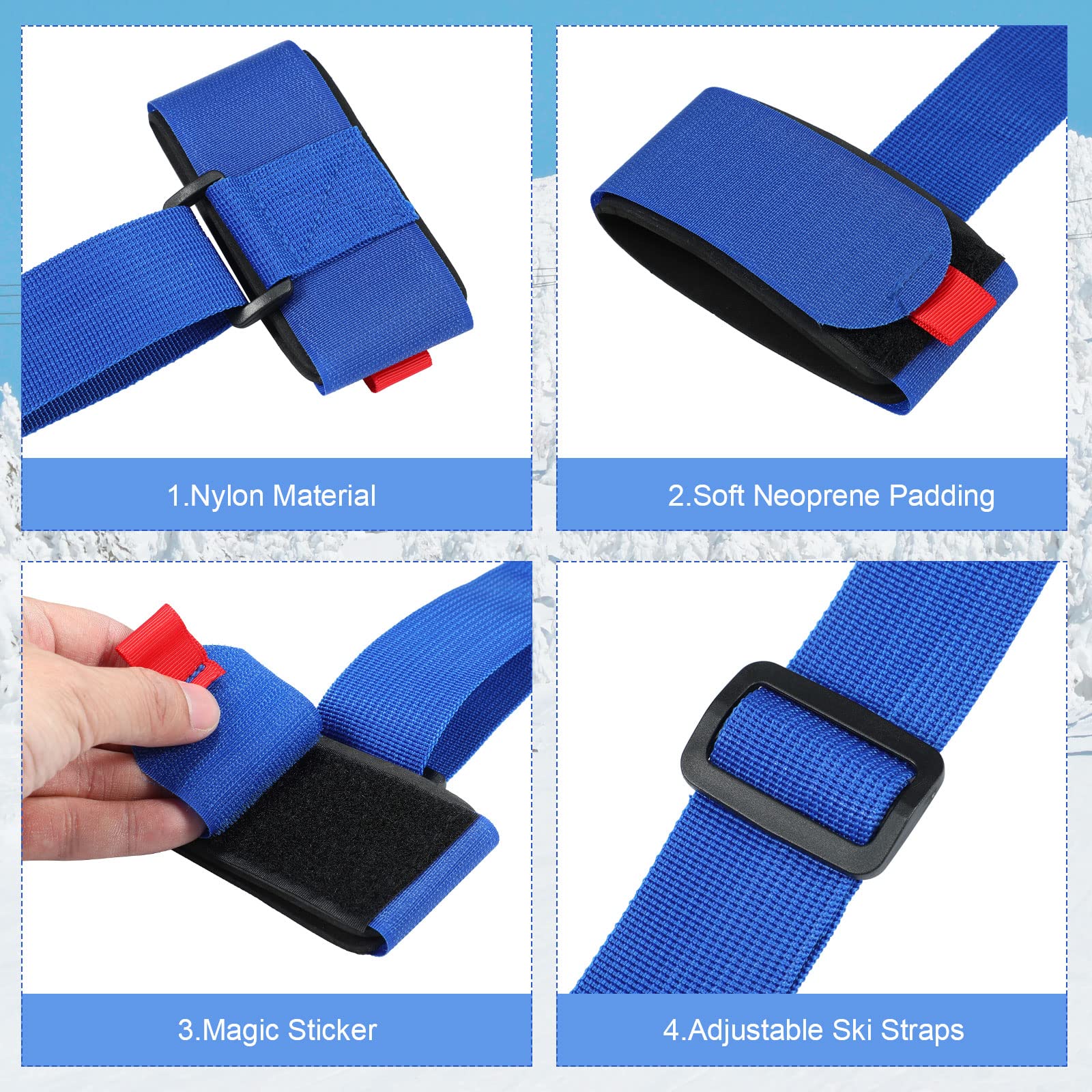 Blulu 4 Pack Ski Straps Ski Carrier Strap Adjustable Shoulder with Cushioned Fastener Tape Strap Loop Strong for Adults Kids