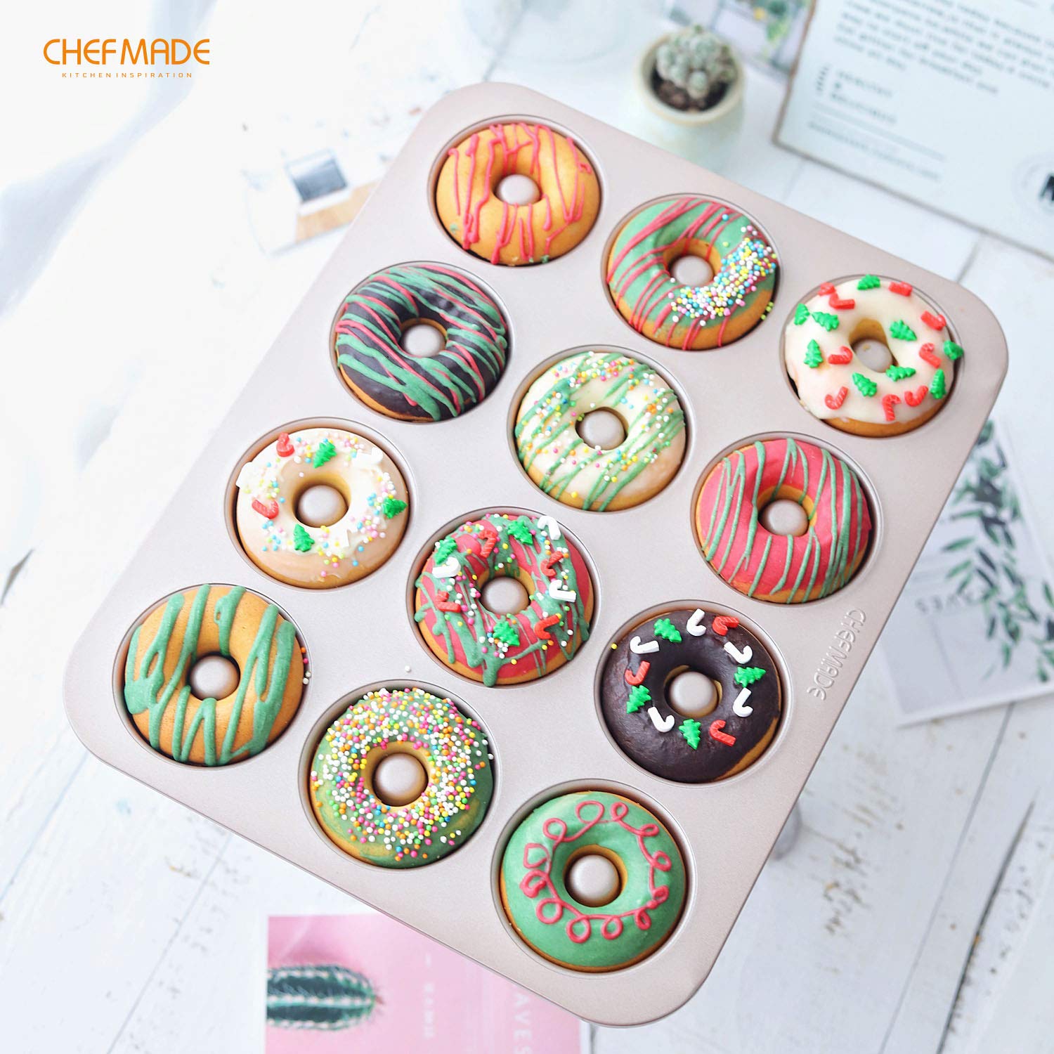CHEFMADE Donut Mold Cake Pan, 12-Cavity Non-Stick Ring Doughnut Bakeware for Oven Baking (Champagne Gold)