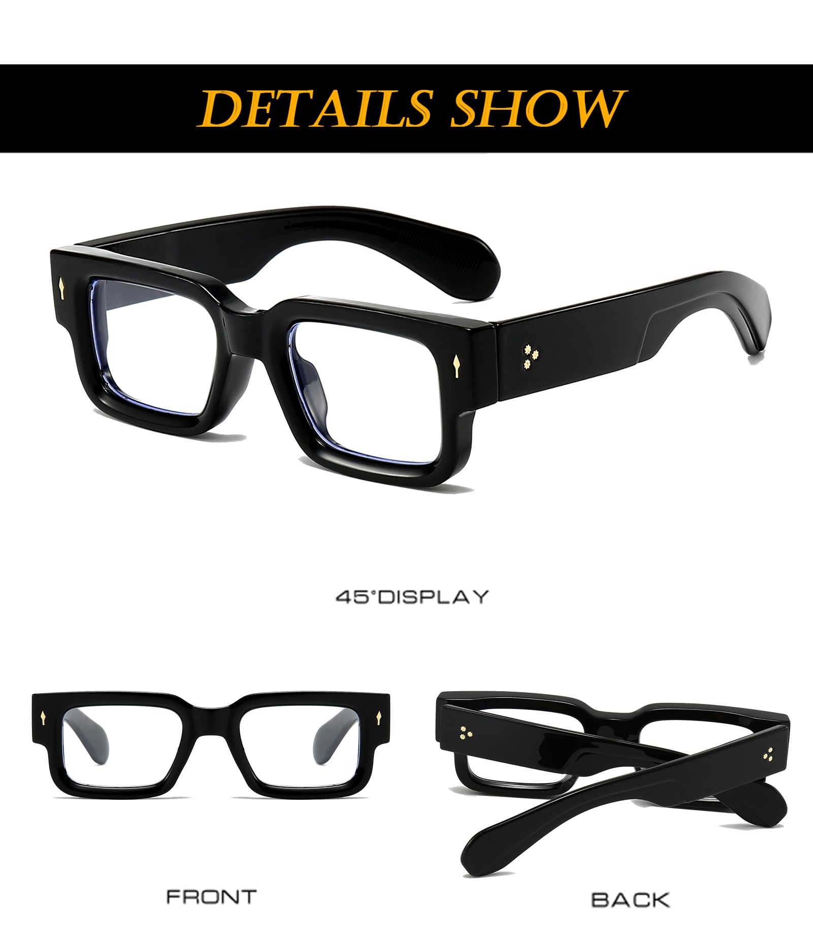 EYLRIM Square Thick Frame Glasses for Women Men Chunky Rectangle Blue Light Glasses Non Prescription Eyeglasses(Black)