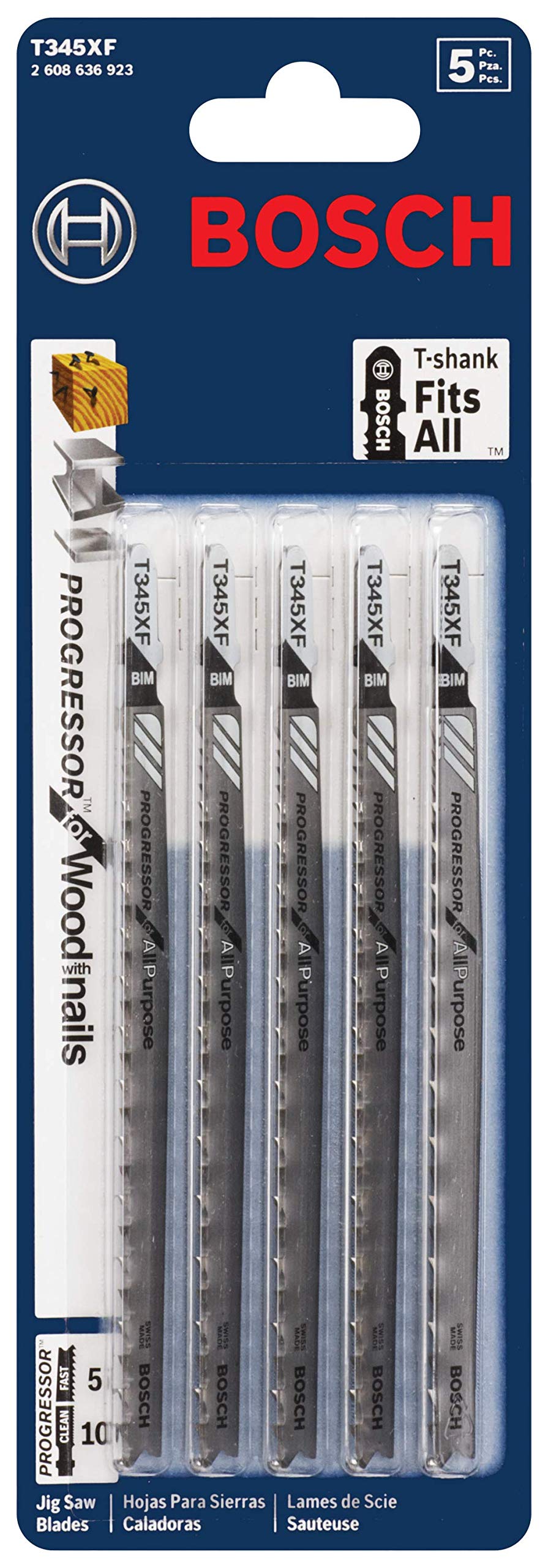 BOSCH T345XF 5-Piece 5-1/4 In. 5-10P TPI Progressor for Wood with Nails T-Shank Jig Saw Blades