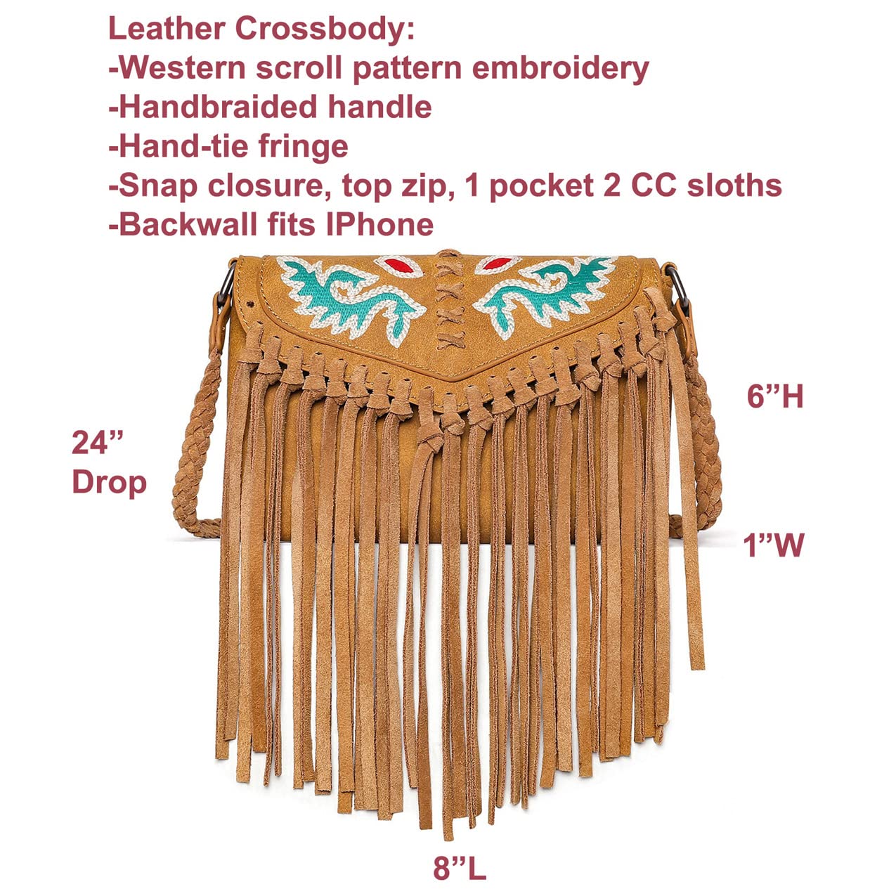 Montana West Handcrafted Leather 4 in 1 Bundle Clutch Crossbody Biker Bag w Fringe & Coin Key Fob (Tan with Antiqued Concho)
