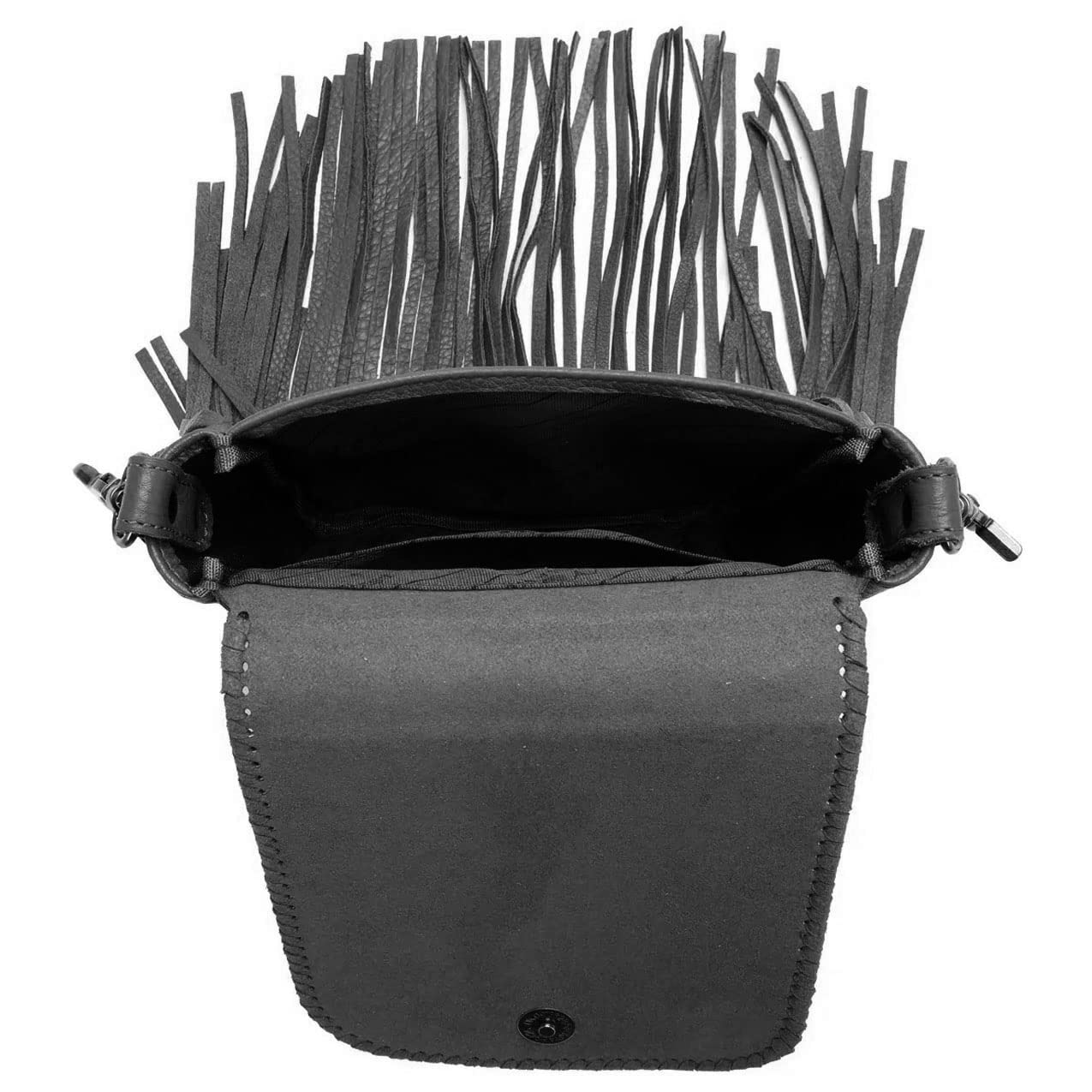 Montana West Handcrafted Leather Convertible Clutch Crossbody Handbag Biker Bag w Fringe (Black Studded w Buckle)