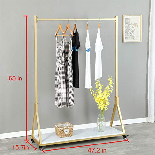 FURVOKIA Modern Simple Heavy Duty Metal Rolling Garment Rack with Wheels,Retail Display Clothing Rack with Wood, Single Rod Floor-Standing Hangers Clothes Shelves (Gold, 47.2 L)