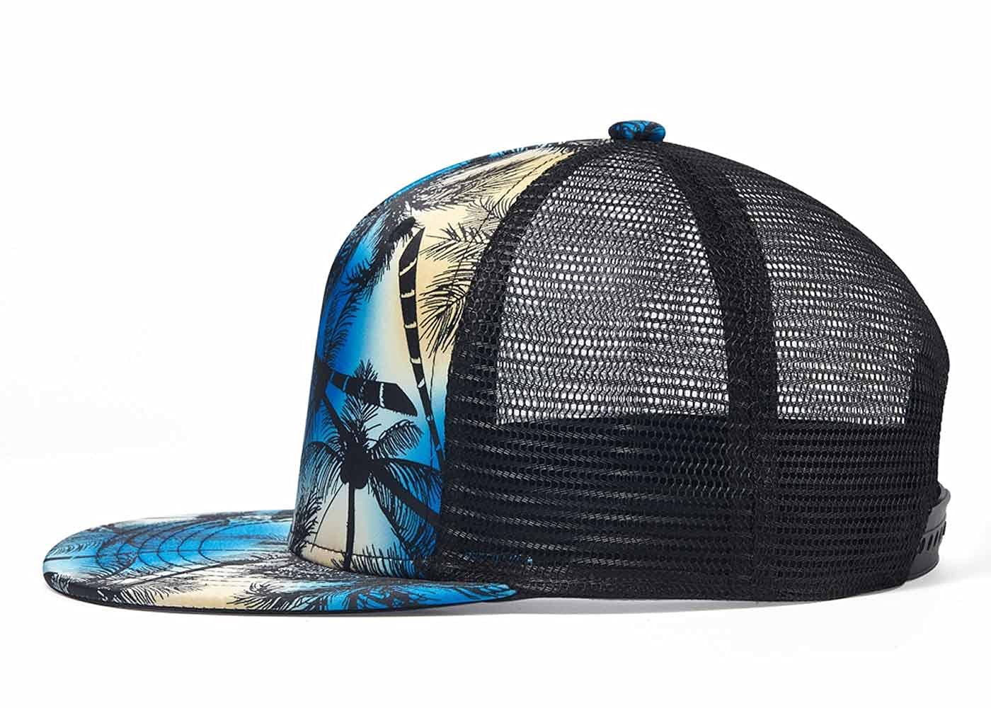 CLOTIME Graphic Trucker Hat Unisex Mesh Trucker Hat The Palm Coco Tree Cap Flat Bill Snapback Hats for Men Women, Blue, One Size