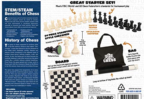 WE Games Best of Travel Chess Sets - Chess Board is Tournament Style Roll Up - 20 inches, 34 Chess Pieces, Portable Chess Set Bag, Includes Equalizer Dice & How to Play Chess Instructions Booklet