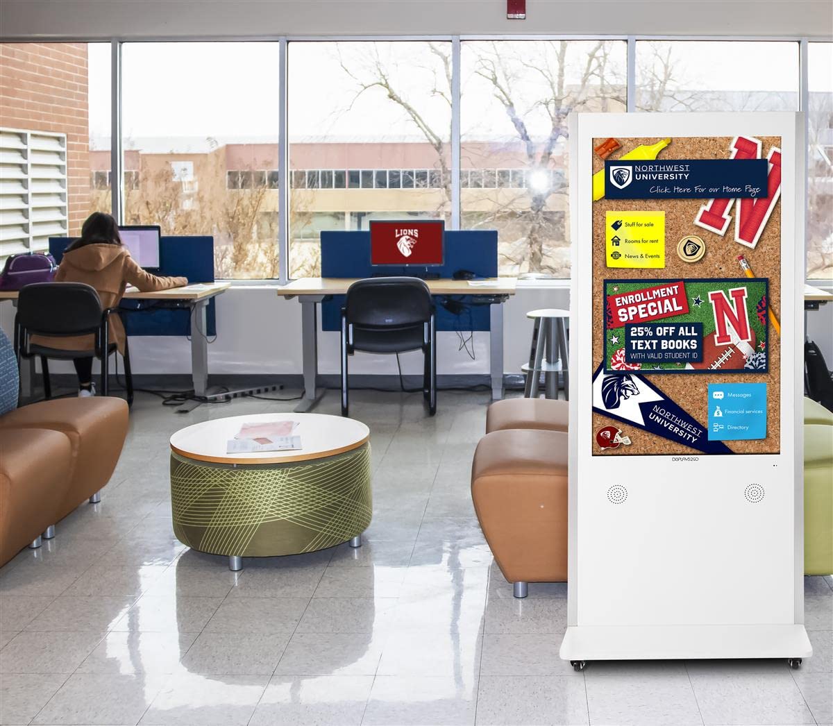 Displays2go Touch Screen Floor Kiosk with LED Accents, Wheels, Android OS, Single-Sided - White (DGFSTCH55ELWH)