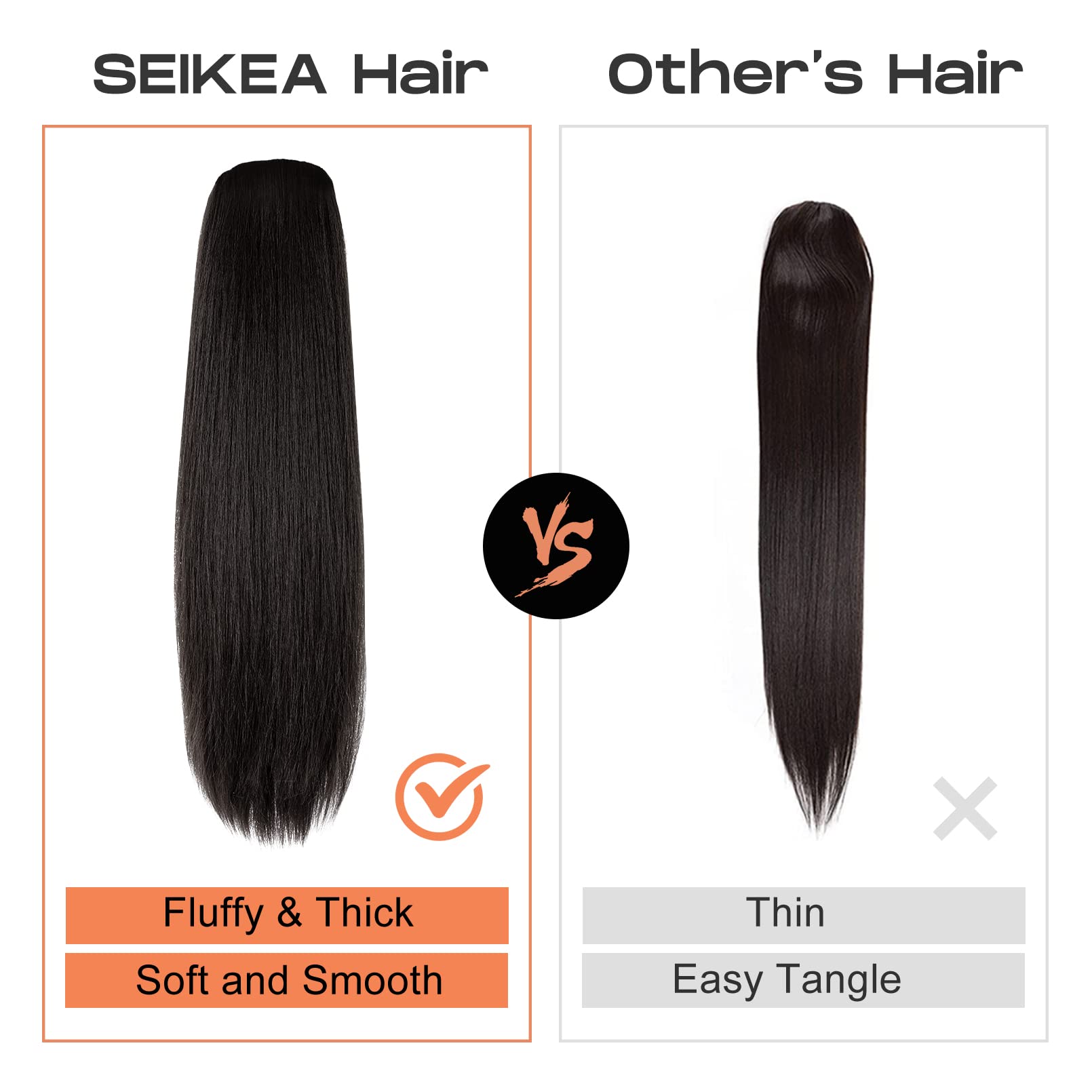 SEIKEA 28" Ponytail Extensions Drawstring Long Straight Fake Pony Tail Natural Soft Clip in Hair Extension Synthetic Heat Resistant Hairpiece - Black