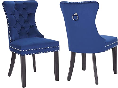 BTEXPERT High Back Blue Velvet Tufted Upholstery, Solid Wood-Accent Nail Trim, Ring Leisure Side Living Room Bedroom Coffee upholstered Dining Chair Set of 2, Navy