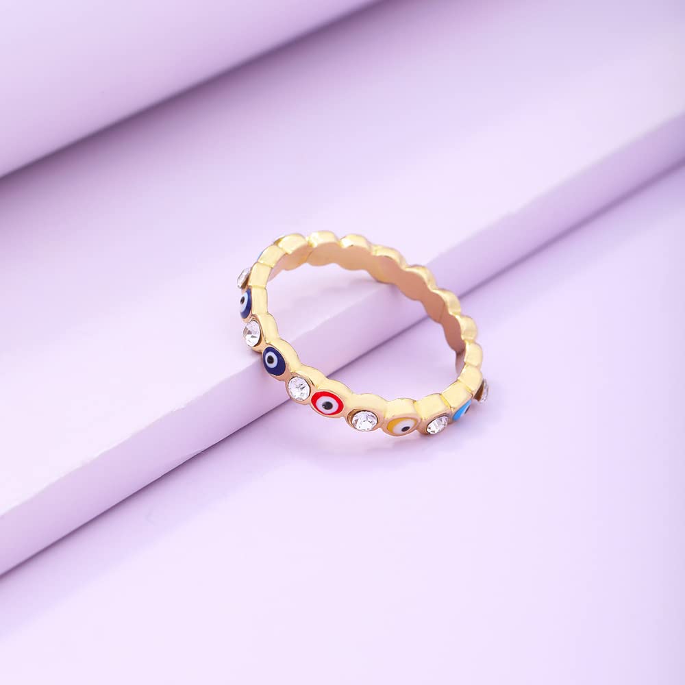 COLORFUL BLING 4 Pcs Set 14K Gold Plated Evil Eye Ring White Gold Plated Eye Ring Set Adjustable Stackable Rings Minimalist Protection Jewelry for Women Girls