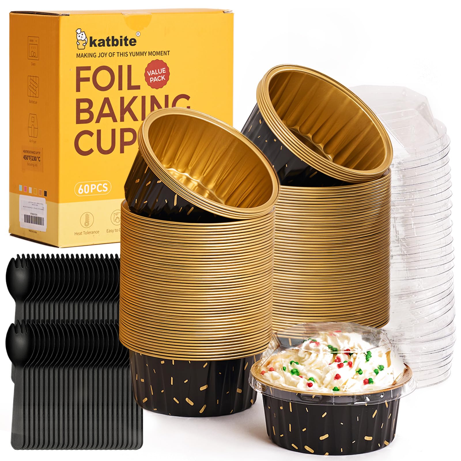 Disposable Ramekins with Lids - Katbite 60 Pack 5oz Aluminum Foil Cupcake Baking Cups, Muffin Tins for Creme Brulee, Desserts, Baking - Black