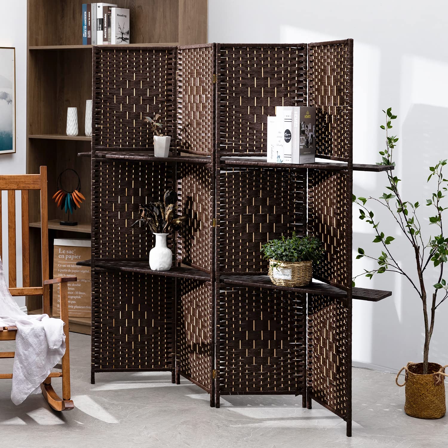 Room Divider 4 Panels Wood Frame Foldable Portable Separator Screen Folding Wall Dividers with Removable Storage Shelves for Home Living Room,Brown