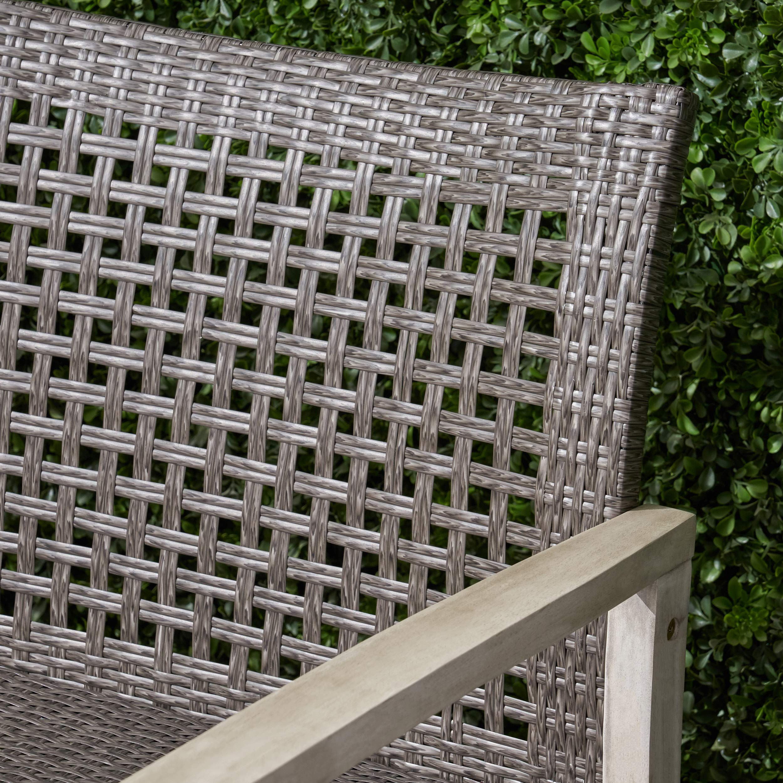 GDFStudio Outdoor Wood and Wicker Loveseat, Light Gray Finish with Mix Black Wicker