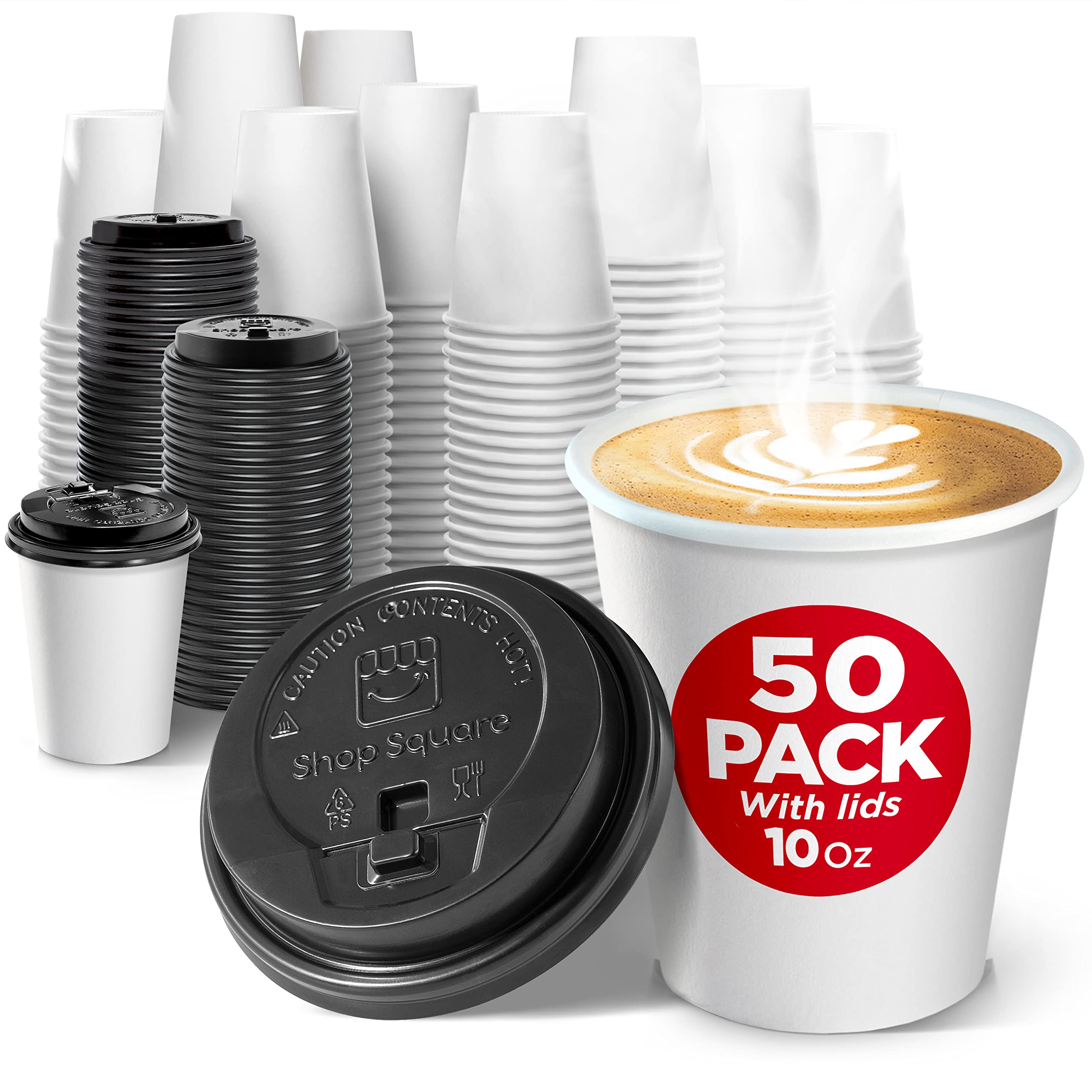 Disposable To Go Paper Cups with Lids (50 Pack) - 12 oz Hot & Cold Beverage Cups for Coffee, Tea, Water, Juice - Eco Friendly