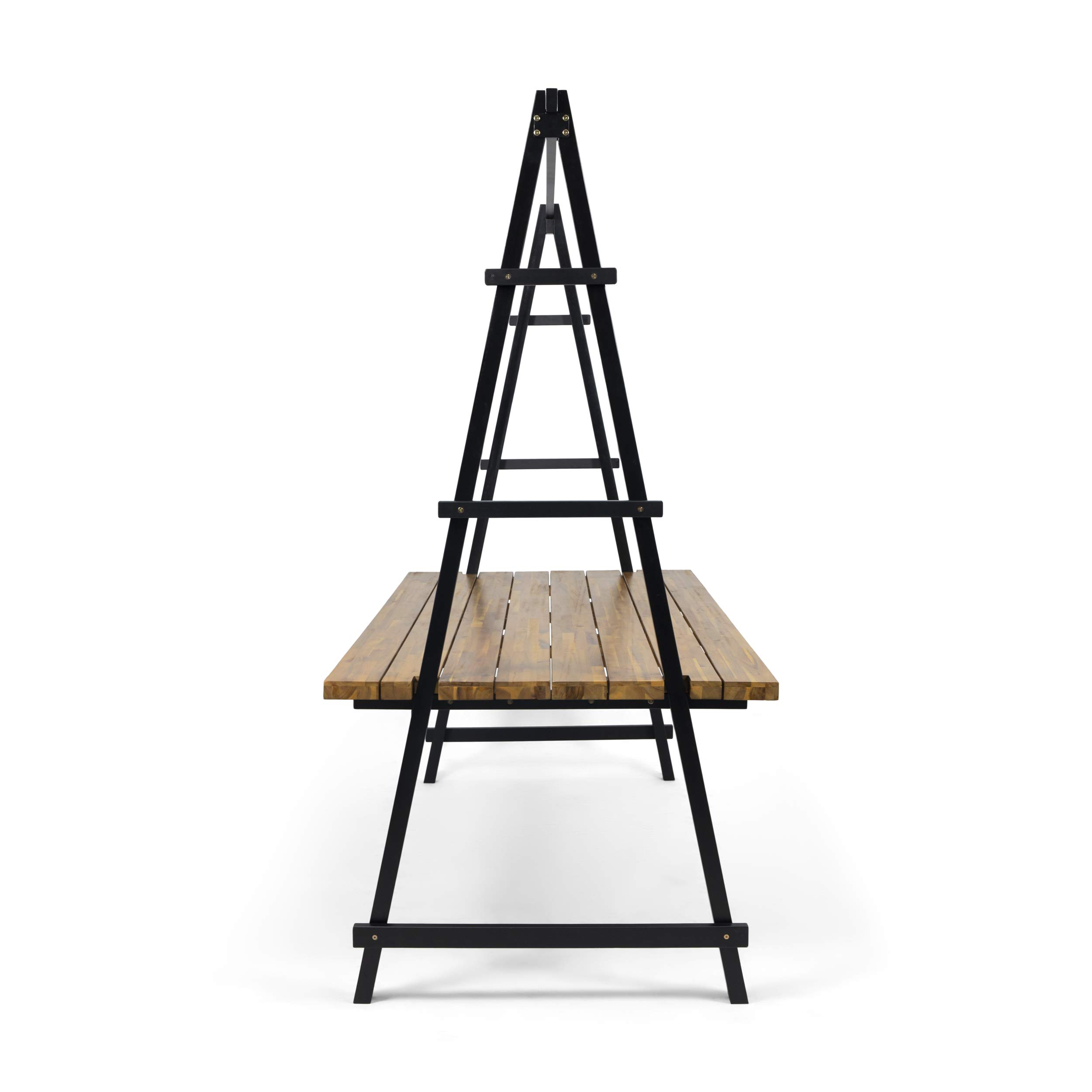 GDFStudio Outdoor Acacia Wood 88.5" Dining Table with Iron Plant Hanger, Finish and Black