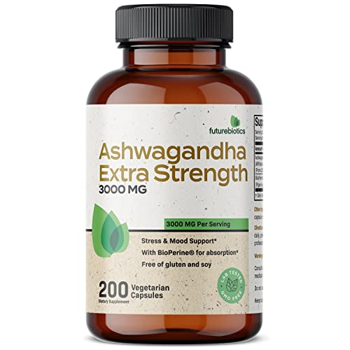 Futurebiotics Ashwagandha Capsules Extra Strength 3000mg - Stress Relief Formula, Natural Mood Support, Stress, Focus, and Energy Support Supplement, 200 Capsules