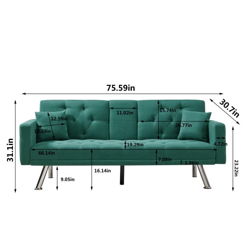 Eafurn Linen Fabric Futon Sofa Bed, Button Tufted Folding Recliner Sleeper Couch Reversible Loveseat Convertible Daybed with 2 Cup Holders,75.59" W Small Splitback Sofa & Couches for Living Room
