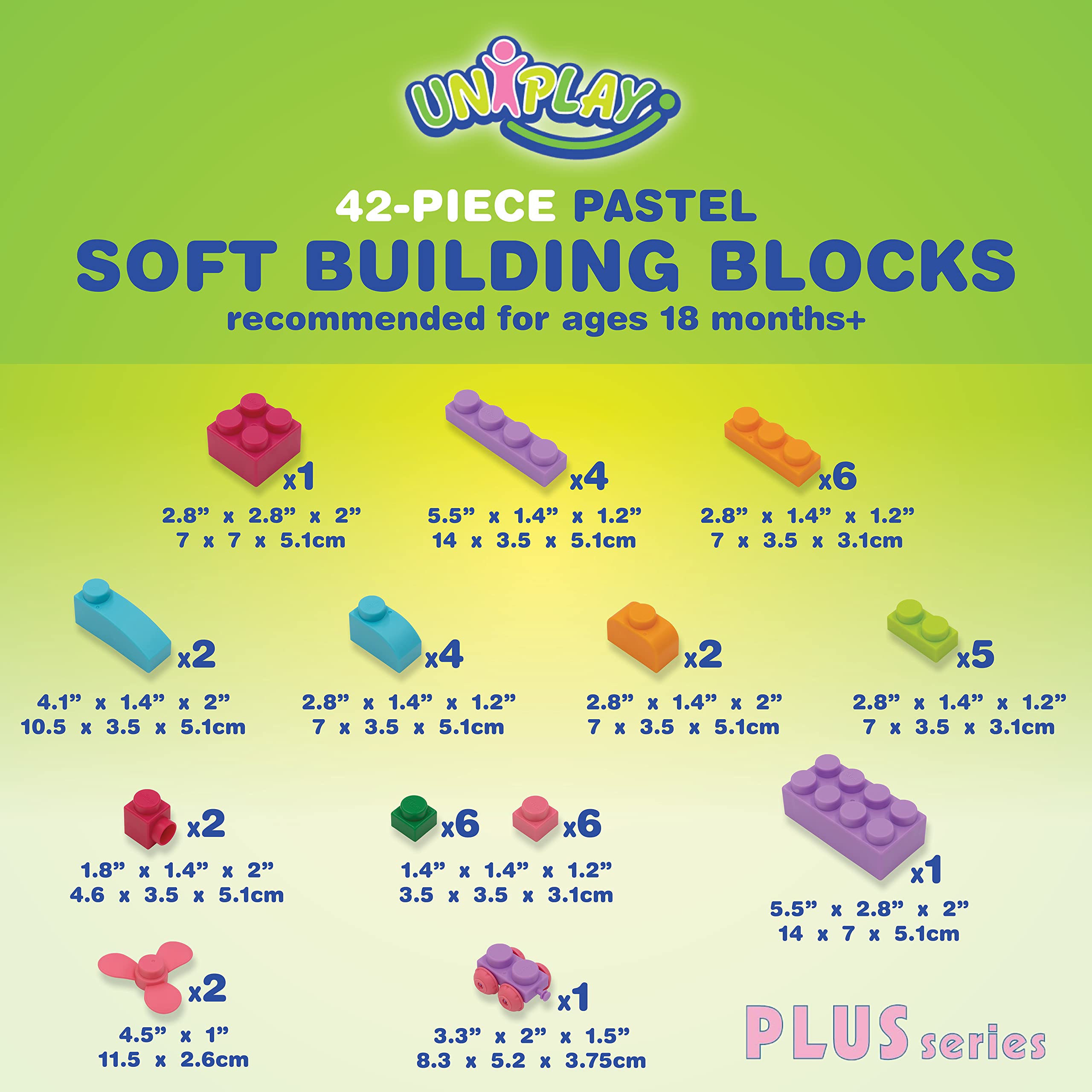 UNiPLAY Plus Soft Building Blocks β Creativity Toy, Educational Play, Cognitive Development, Early Learning Stacking Blocks for Infants and Toddlers, Pink (42-Piece Set)
