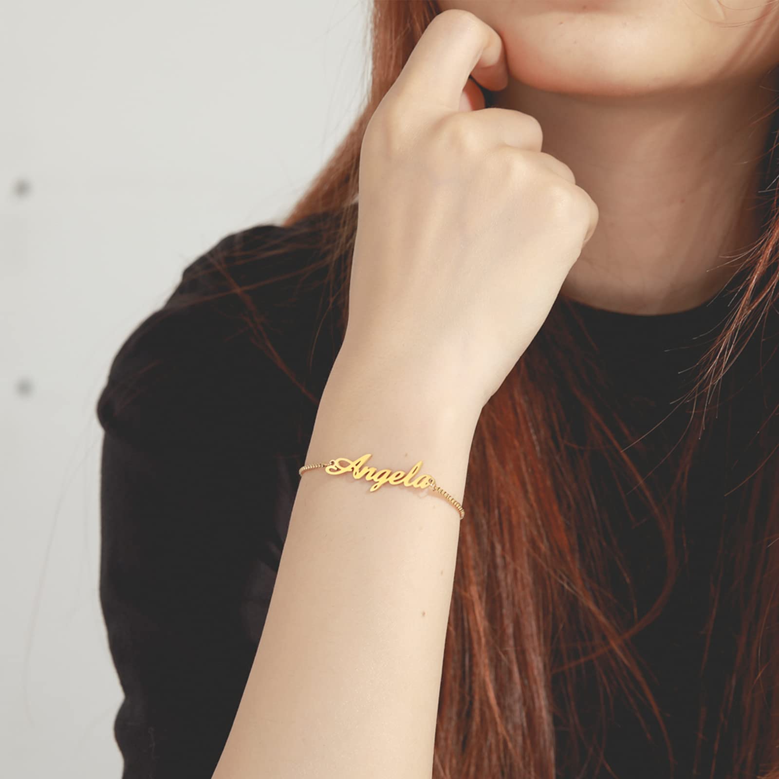 MRENITE 10k 14k 18k Solid Yellow Gold Personalized Name Bracelet β Dainty Name Plate Bracelet - Custom Any Name Gift for Women Adults Wife (Yellow Gold)