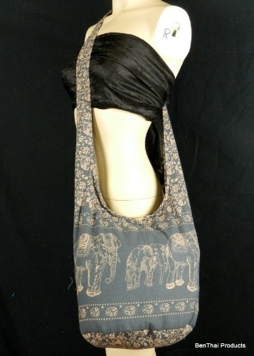 BTP! Elephant Sling Crossbody Shoulder Bag Purse Hippie Hobo Thai Cotton Gypsy Bohemian Small Grey ME6