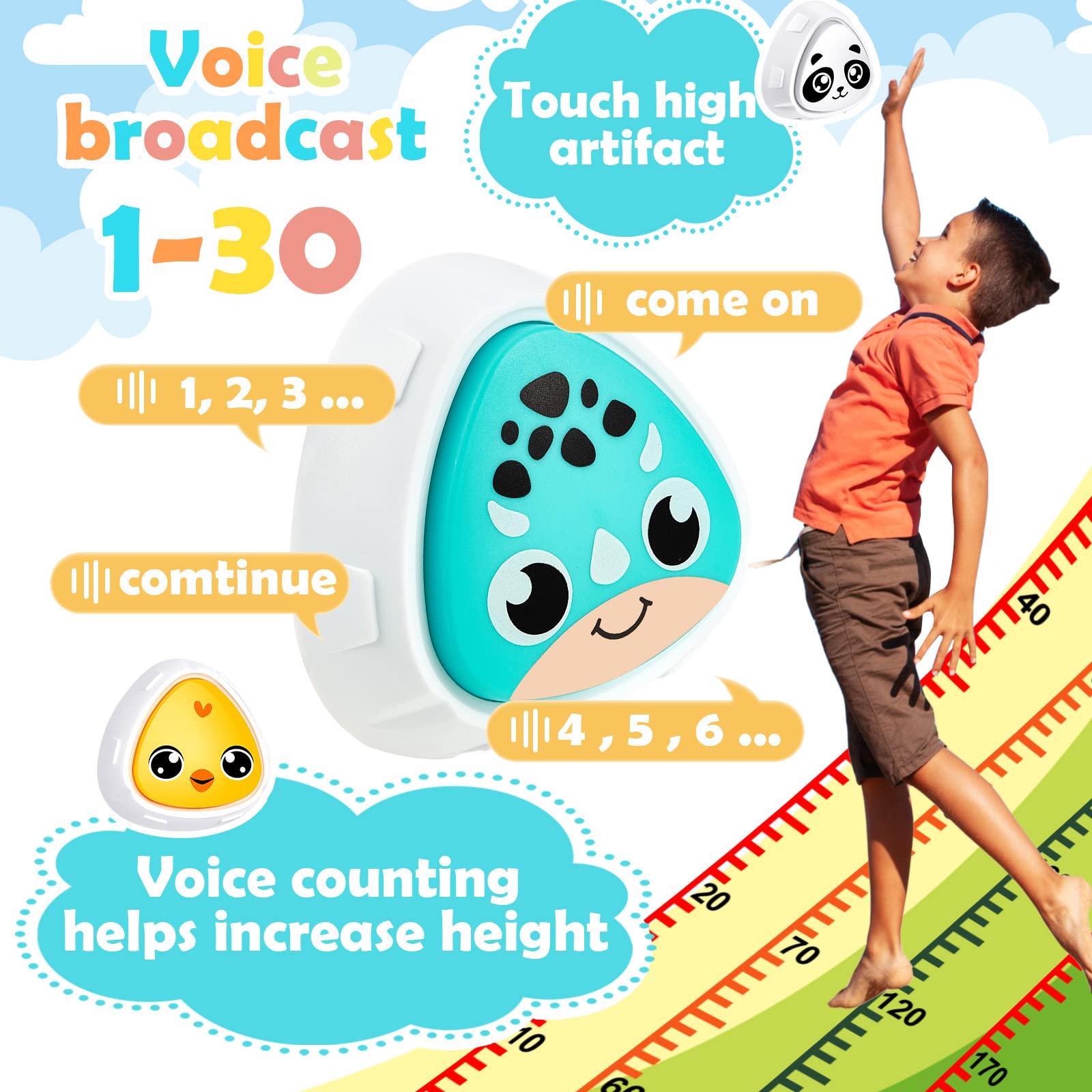 Deekin 3 Pcs Kids Jump Trainer with 3 Growth Chart, Touch High Jump Counter with 1-30 Number Voice Broadcast Wall Vertical Ruler for Training Bounce and Promoting Height Growth, Yellow, White, Blue