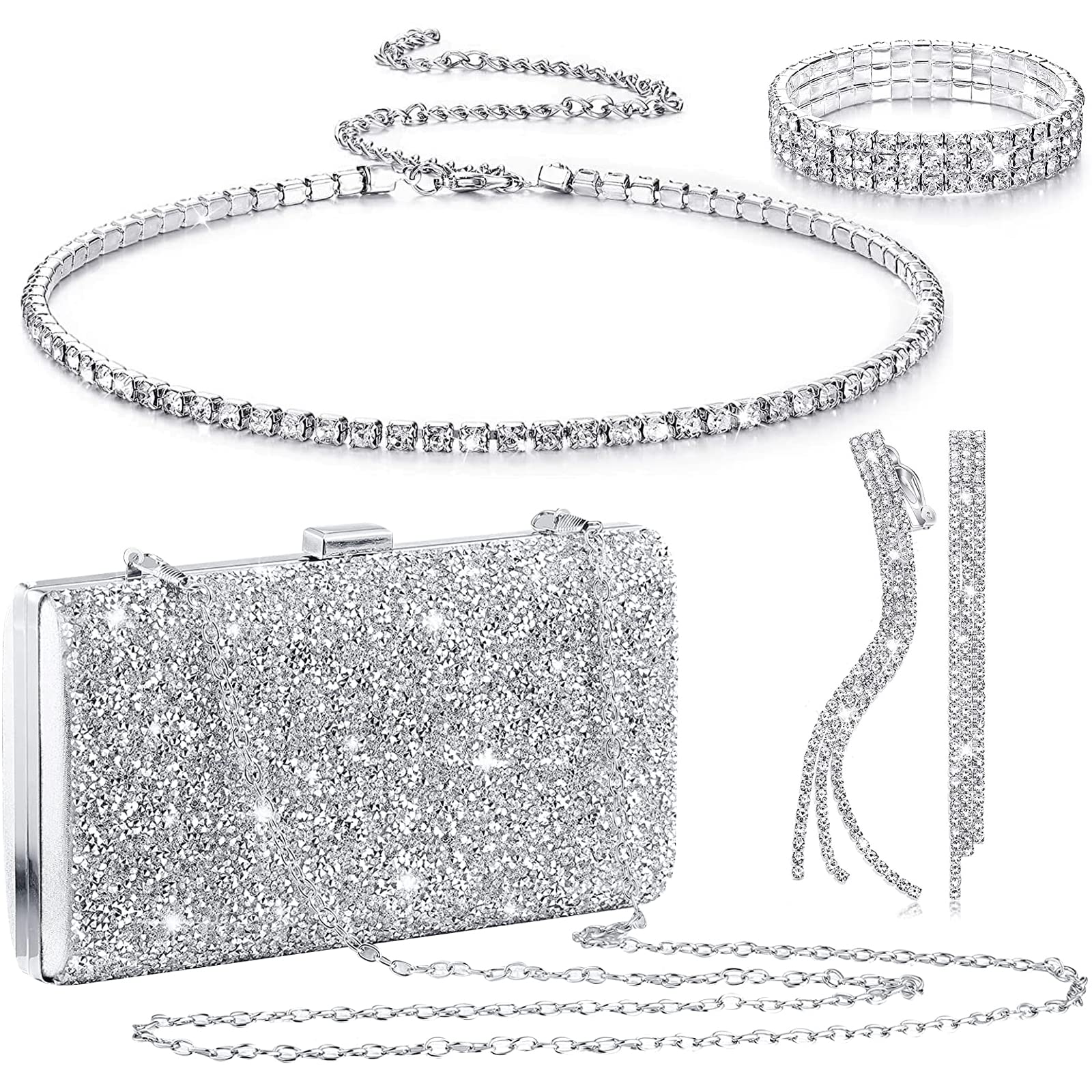 Ditard 4 Pieces Rhinestone Jewelry Set Women Clutch Purse for Prom Sets Wedding Bridal Bracelet Necklace Dangle Ear Clip Crystal Party (Noble Style), Silver