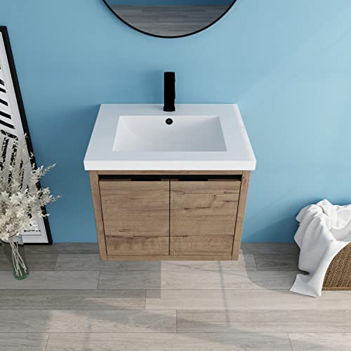 HAALVDE 24" Wall Mounted Bathroom Vanity with Sink Combo,24 Inch Single Brown Floating Bathroom Vanity, Cabinet Set with 2 Doors,White Resin Basin Sink Top(IMO, 009-24''W X 18''D)