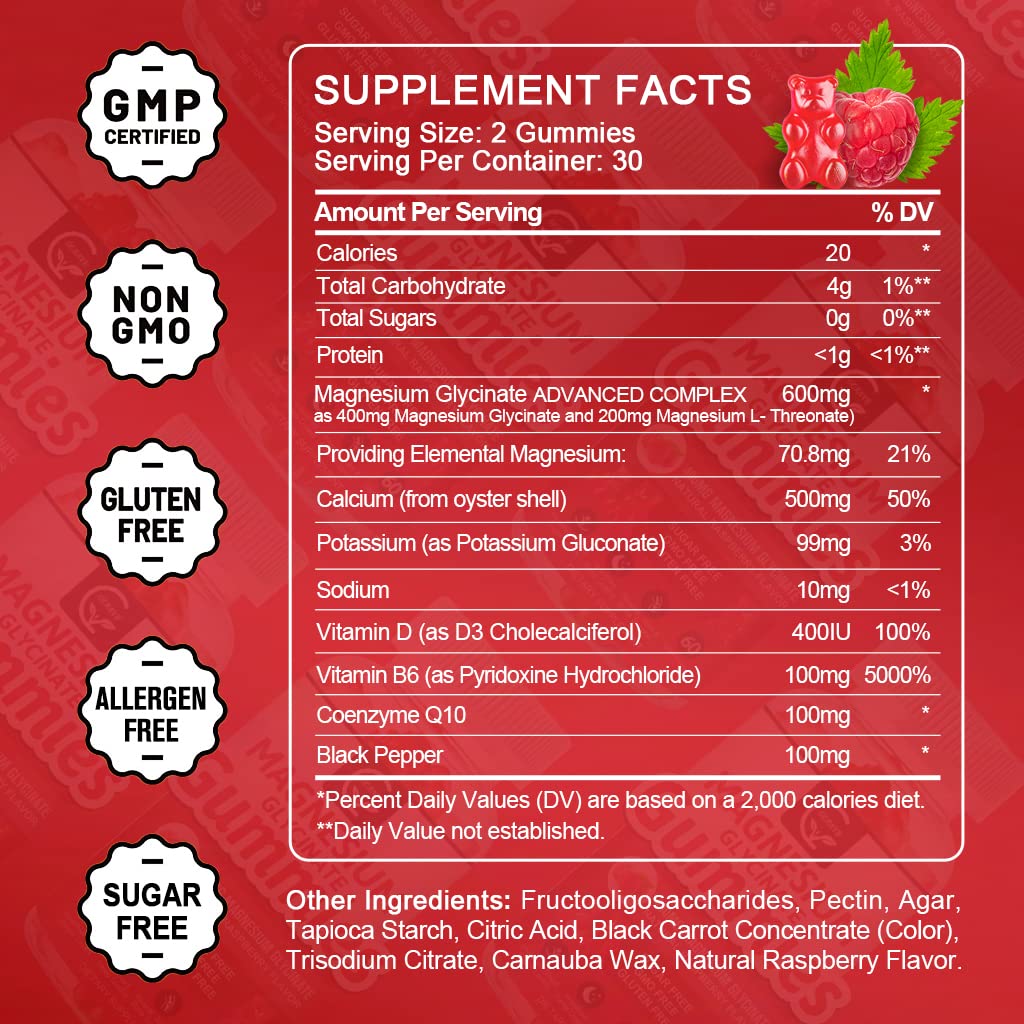 Magnesium Glycinate Gummies 400mg, Magnesium L-Threonate 200mg - Chelated Magnesium Potassium Complex Supplement with VitD, B6, CoQ10, Supports for Memory, Calm, Mood & Sleep - 60 Count (Pack of 2)