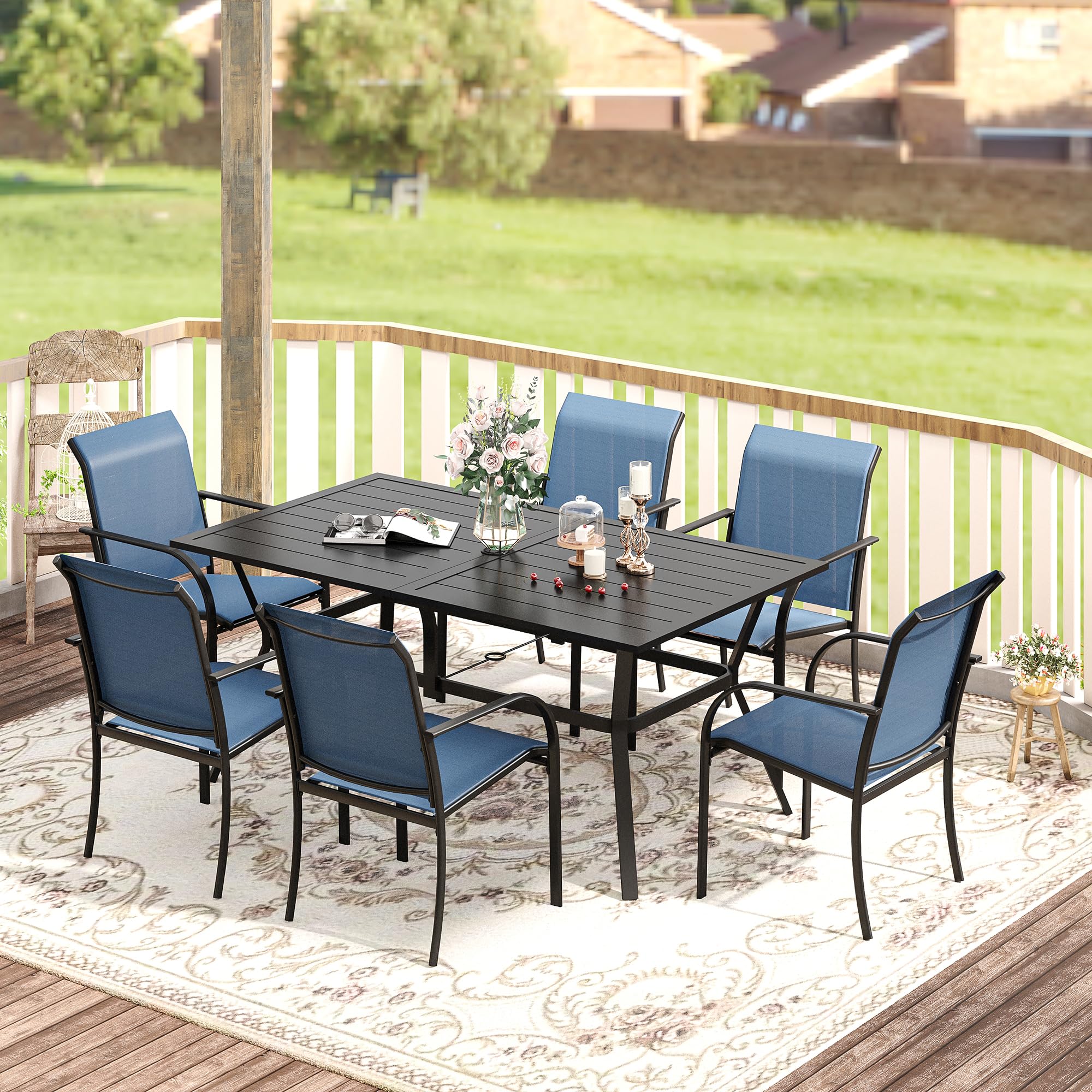 VICLLAX 5 Pieces Patio Dining Set, Outdoor Furniture Set Includes 1 Square Patio Table and 4 Stackable Patio Sling Chairs, Outdoor Table and Chairs for Outsides, Grey Wood-Like Table and Grey Chairs