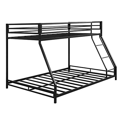 Low Bunk Beds Twin Over Full Size with Sloping Stair, Heavy Duty Bed Frame with Safety Guard Rails for Kids Teens Adults, No Box Spring Needed (Black)