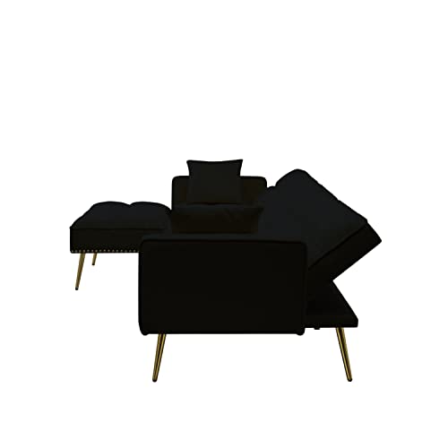 Eafurn Velvet Upholstery Convertible Sleeper Sofa Bed with Reversible Chaise,L Shaped Sectional Couch w/Reclining Backrest and 2 Pillows,Comfy Corner Sofa & Coues for Living Room Furniture Sets