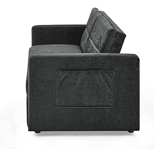 FANYE Chenille Upholstered Loveseat Sleeper w/Side Storage Pockets, 54.5" 2-Seaters Sofa with Pull-Out Couch Bed with Adjustable Cushions Backrest for Living Room Apartment Office Small Space, Black