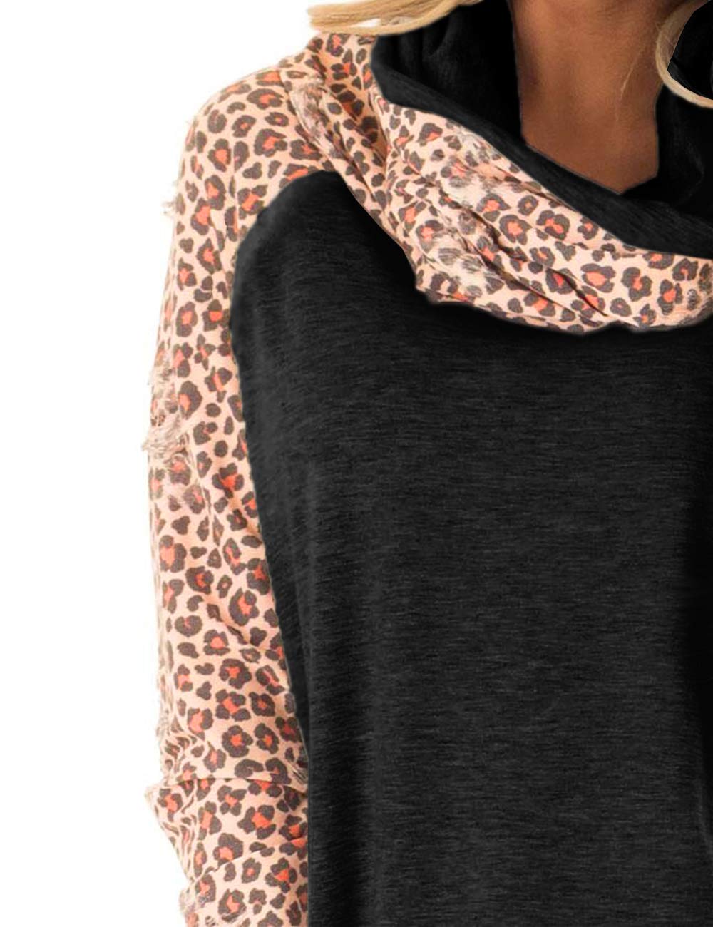 Blivener Women's Casual Sweatshirts Long Sleeve Leopard Print Tops Cowl Neck Raglan Shirts (Black, XL)