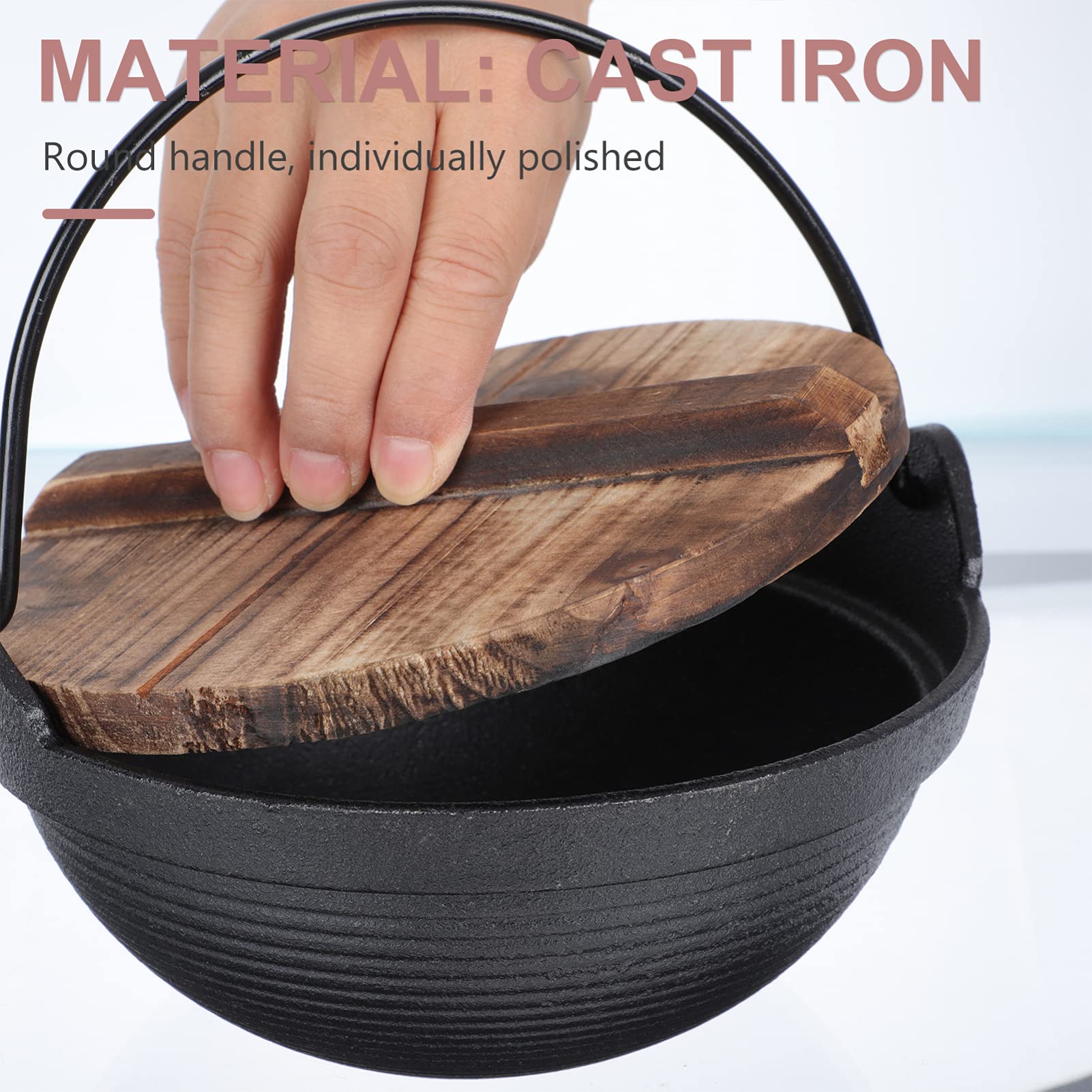 DOITOOL Japanese Sukiyaki Pot Cast Iron Nabe Tetsu Single Serving Nabe Shabu Shabu Hot Pot Sukiyaki Pan with Wooden Lid for Home Camping Picnic