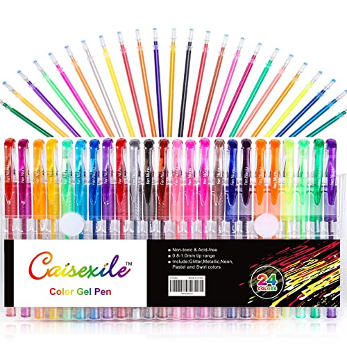 CAISEXILE 24 Coloring Glitter Gel Pens come with 24 Free Matched Refills, Artist Drawing Pens, for Adult Coloring Sketching Doodling Writing