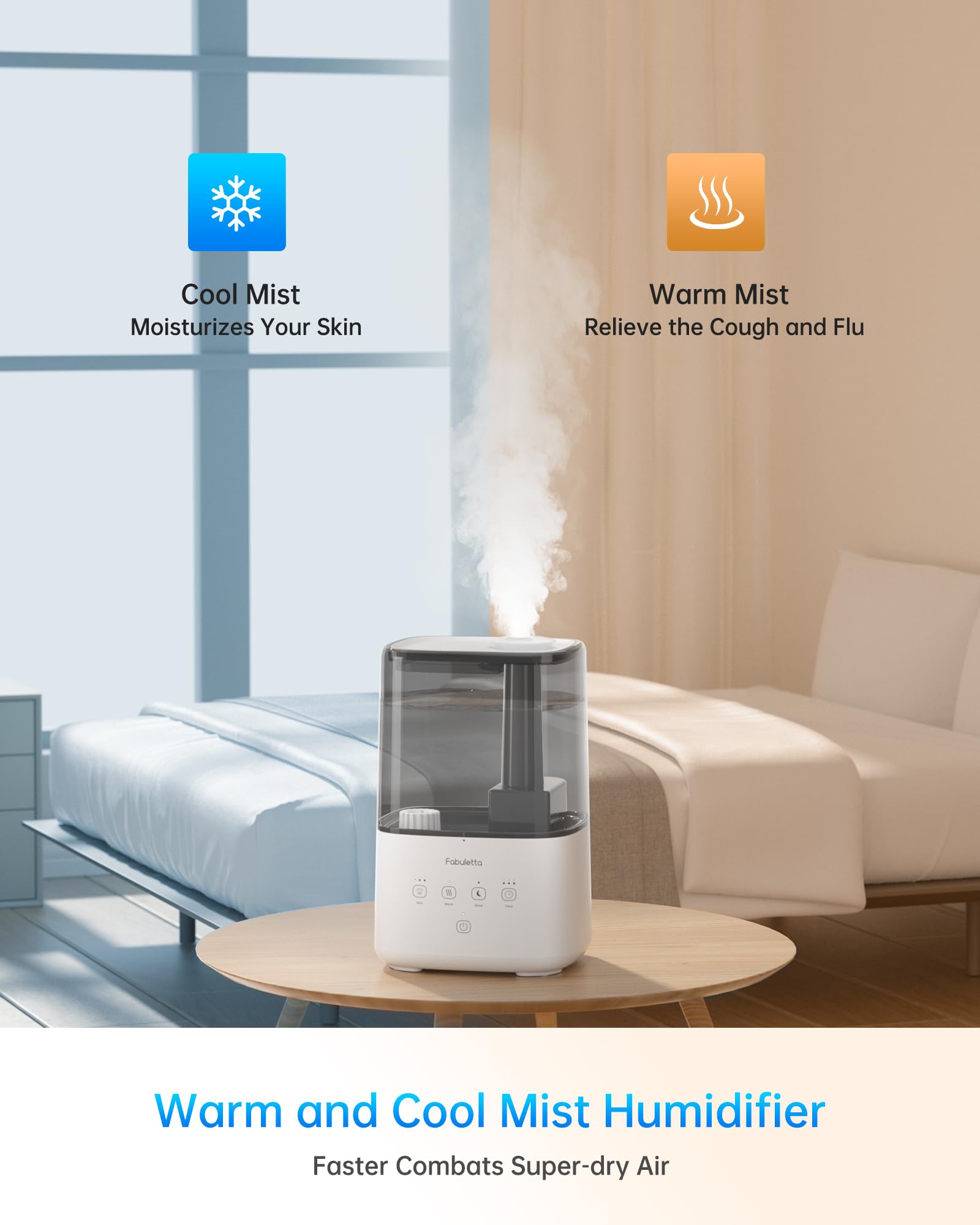 FABULETTA Humidifiers for Bedroom, Warm and Cool Mist Humidifier Large Room for Home, 4.5L Top Fill Room Humidifier with 45H Runtime, 3 Mist Levels, Essential Oil Diffuser, Quiet Sleep Mode & Timer