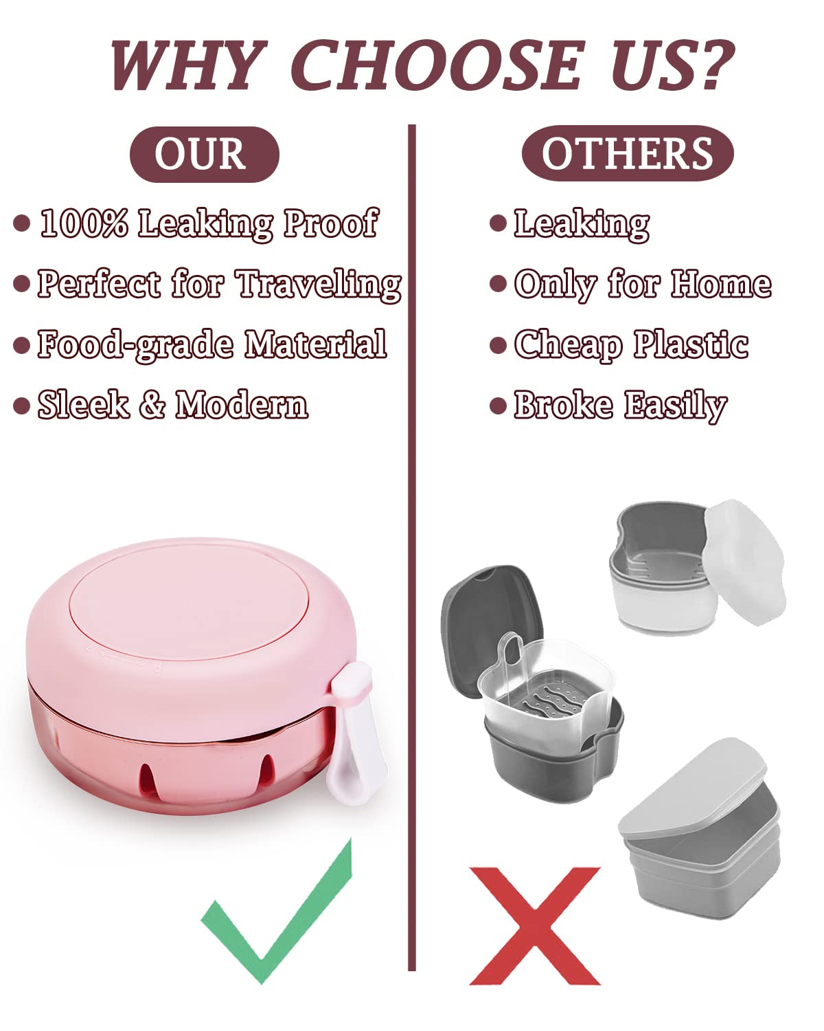 Denture Case, Definitely No-Leak Denture Bath Box for Traveling Perfectly, Denture Cup with Strainer & Magnetic Mirror,Completely Clean Care for Retainer, Mouth Guard, & Denture(PINK)…