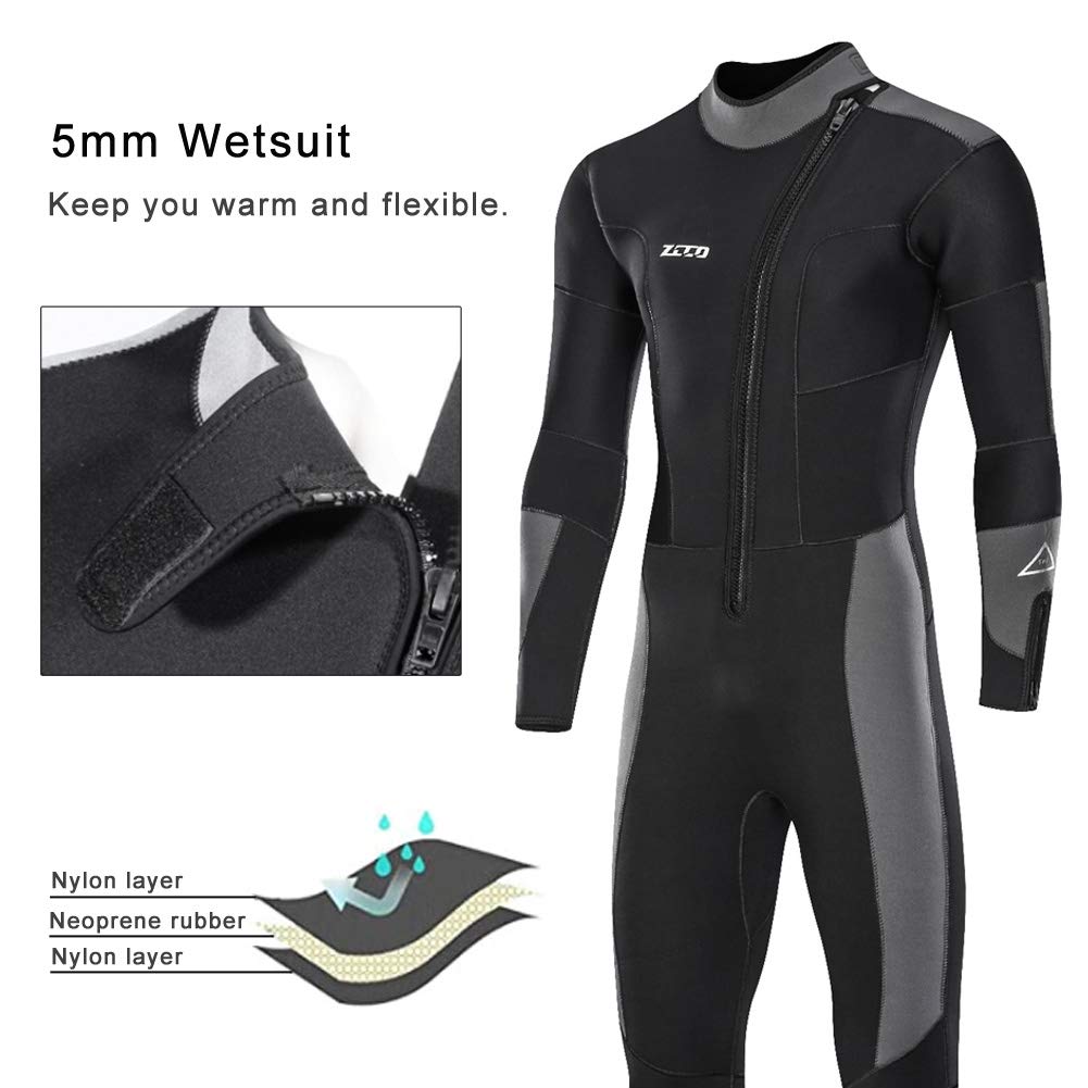 DIVESAIL Wetsuit 5mm Neoprene Full Wetsuit Front Zipper for Men Diving Snorkeling Scuba Surfing, Black-Gray