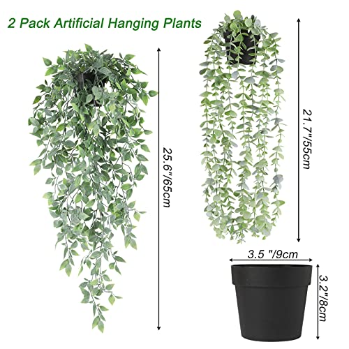 JPSOR Fake Hanging Plants, 2 Pack Artificial Fake Potted Greenery Faux Eucalyptus Mandala Vine in Pot for Home Wall Shelf Indoor Outdoor Decor