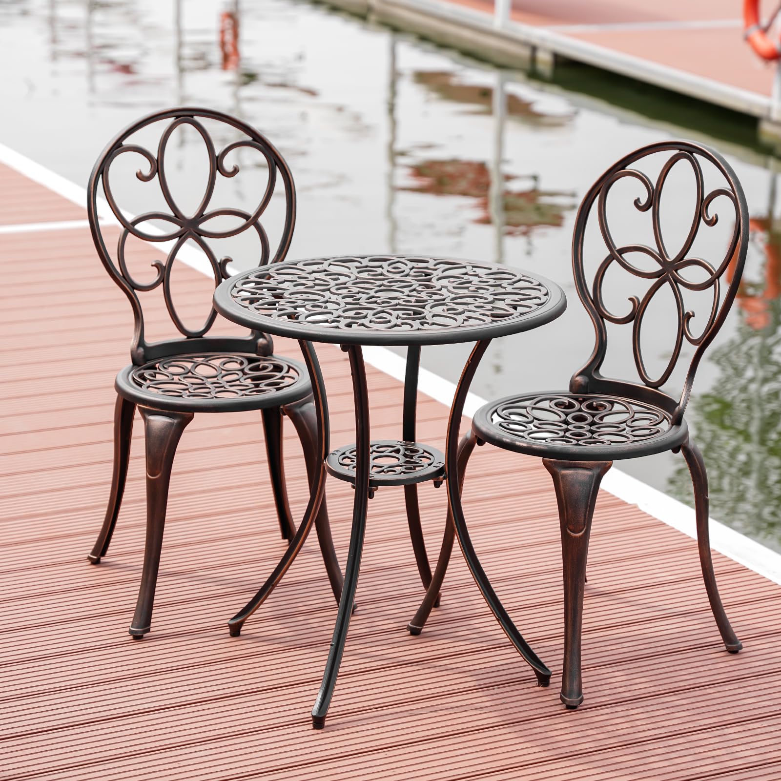 PATIO-IN 3 Piece Outdoor Bistro Set, Cast Aluminum Bistro Table and Chairs Set, Weather Resistant Patio Metal Bistro Sets, Patio Table Set with 1.97" Umbrella Hole for Balcony Backyard Garden