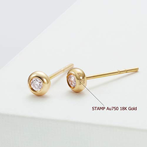 Carleen Solid Real 18K Yellow Gold Solitaire Bezel Set 0.1cttw Round Sparkling Genuine Diamond Small Tiny Stud Earrings for Women Girls, Diameter 3.8mm