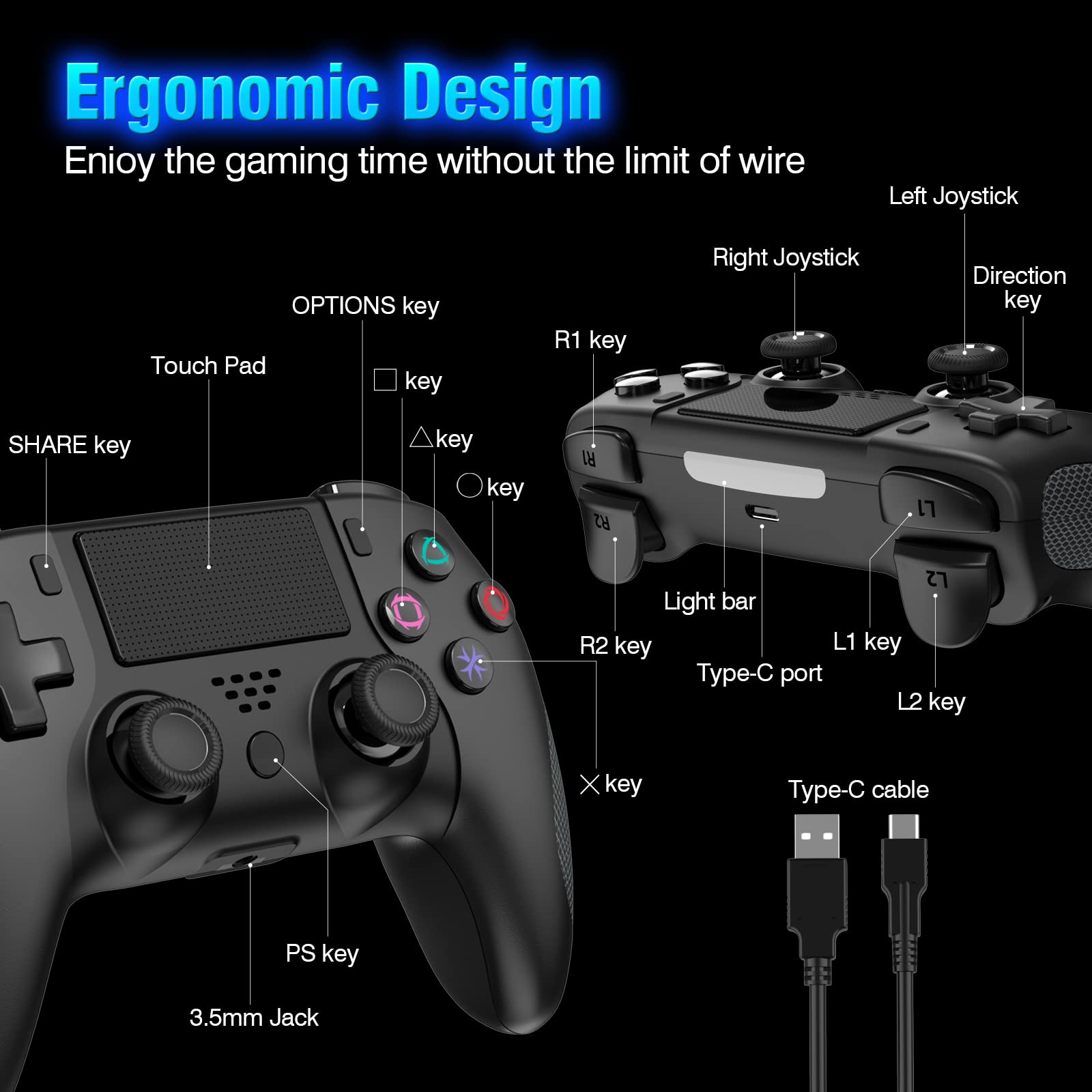DIVIZAI Wireless Game Controller Compatible with P-S 4/Slim/Pro with Dual Vibration/Audio Function/6-Axis Motion Sensor/Share Button, with Charging Cable