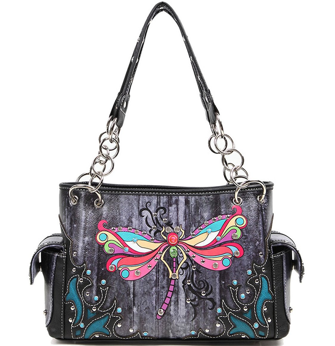 Colorful Dragonfly Western Spring Purse Country Handbag Women Shoulder Bag Crossbody Wallet Set Black
