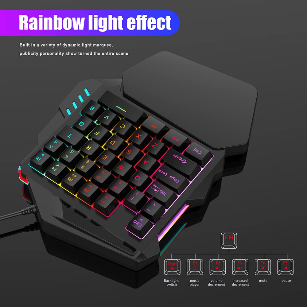 Docooler Keyboard and Mouse Combo - Single Handed Gaming Keyboard 35 Keys LED Backlight + Wired Gaming Mouse with Breathing Light 5500 DPI 7 Button
