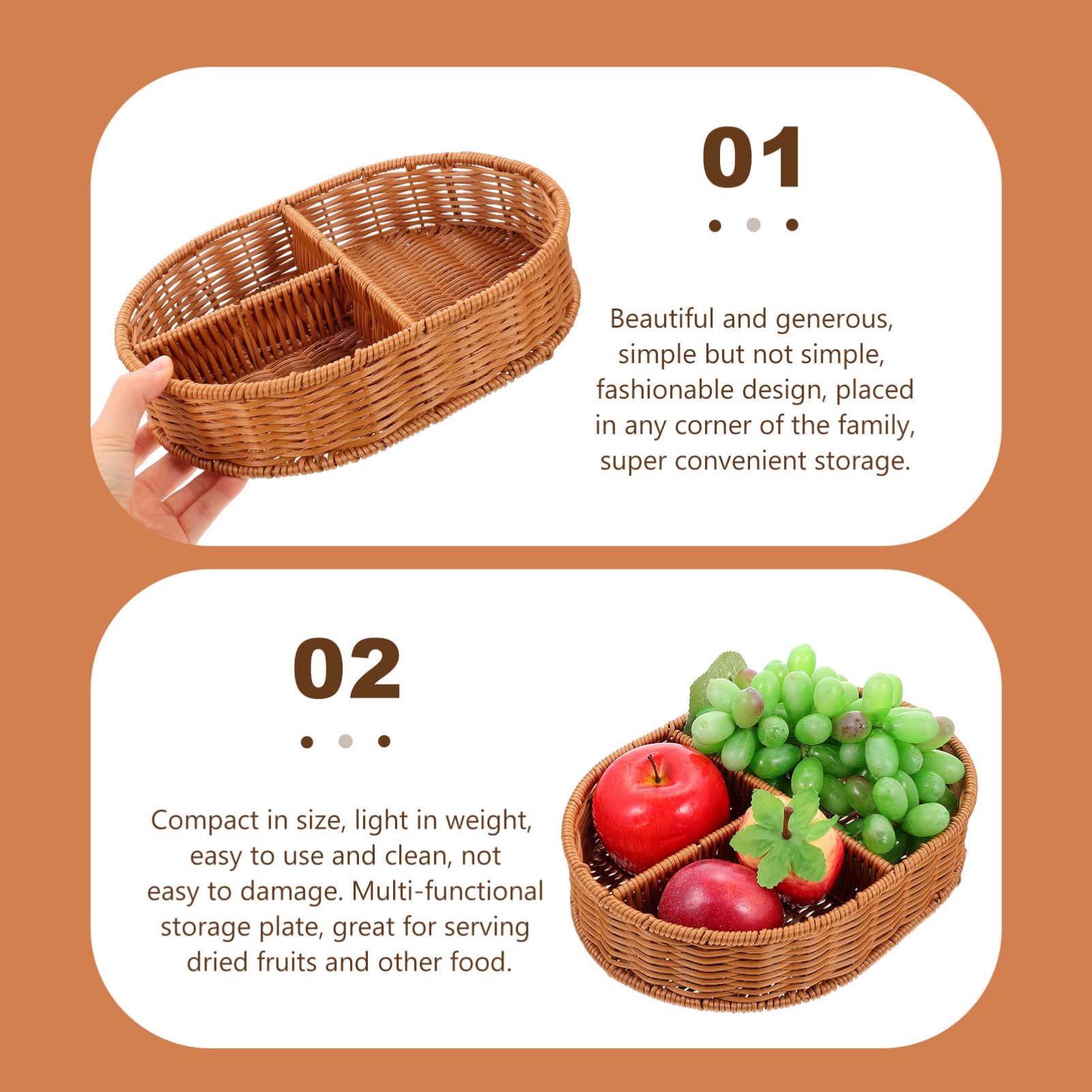 DOITOOL Rattan Serving Tray 3 Compartments Wicker Fruit Bread Basket Woven Ottoman Tray Rustic Cupcake Snack Candy Serving Platter for Appetizer Vegetable Storage