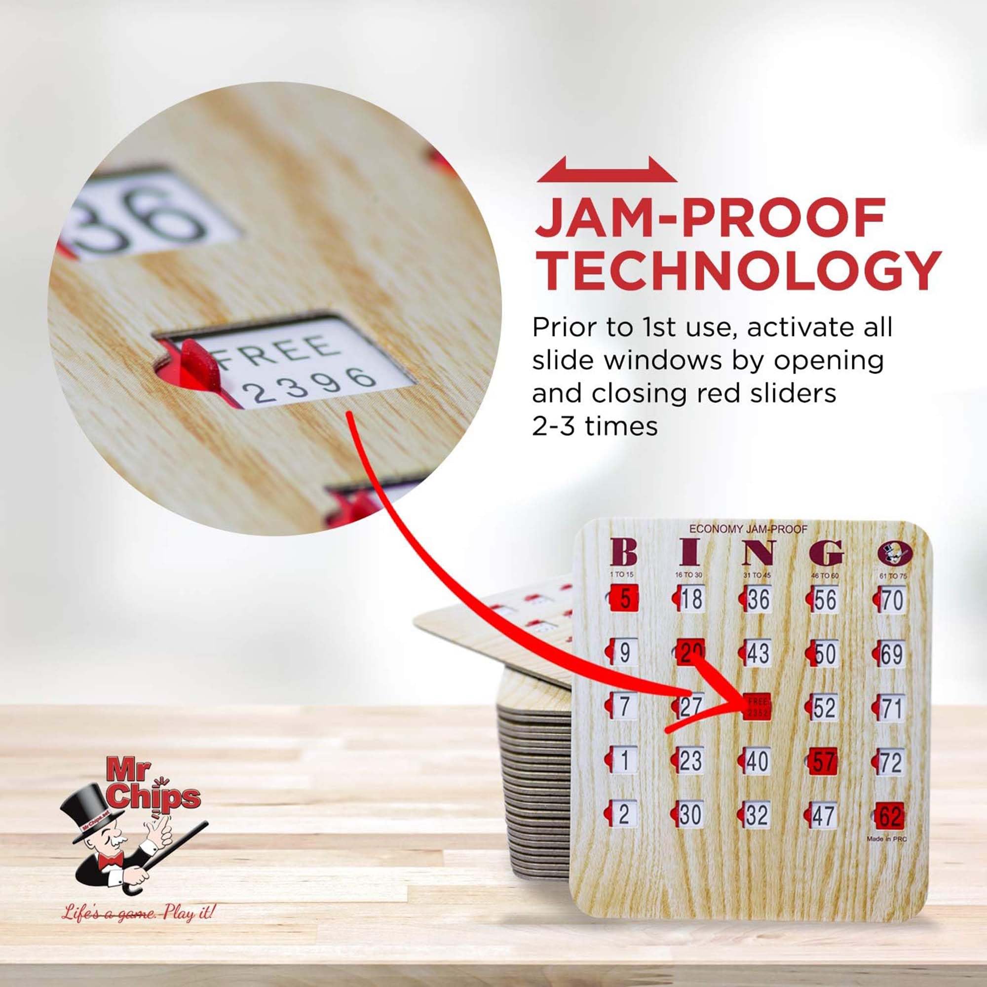 MR CHIPS Jam-Proof Bingo Cards with Sliding Windows, 25 Reusable Bingo Shutter Cards, 75 Bingo Calling Cards, 1 Bingo Master Board in Tan Woodgrain Style