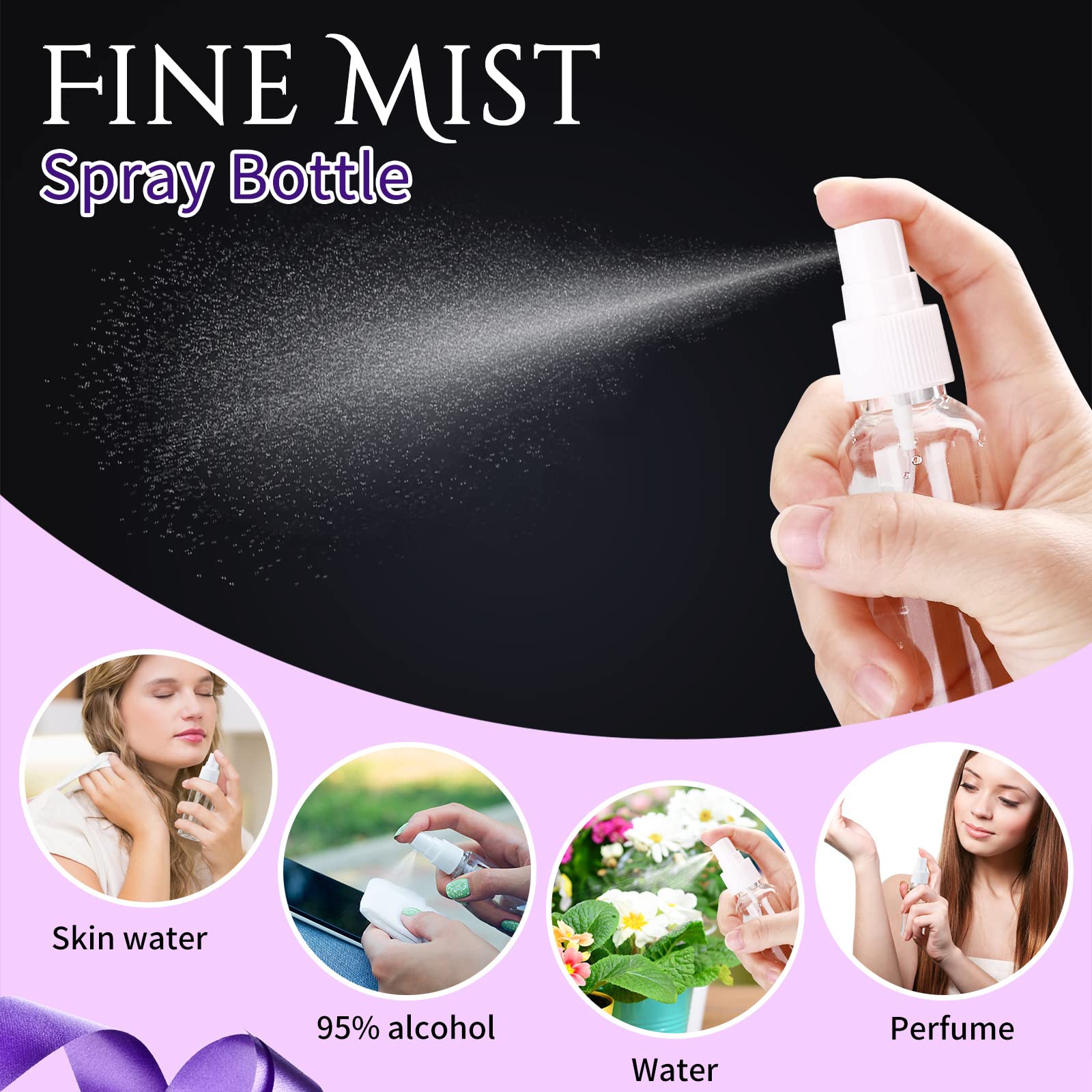 Mandydov 8 Pack Clear Empty Mini Little Spray Bottles, Fine Mist 2oz / 55ml Refillable Pocket Size Sprayer Plastic Mini Travel Bottle Set Makeup Bottles with 2Pcs Funnels and 4 Color Labels