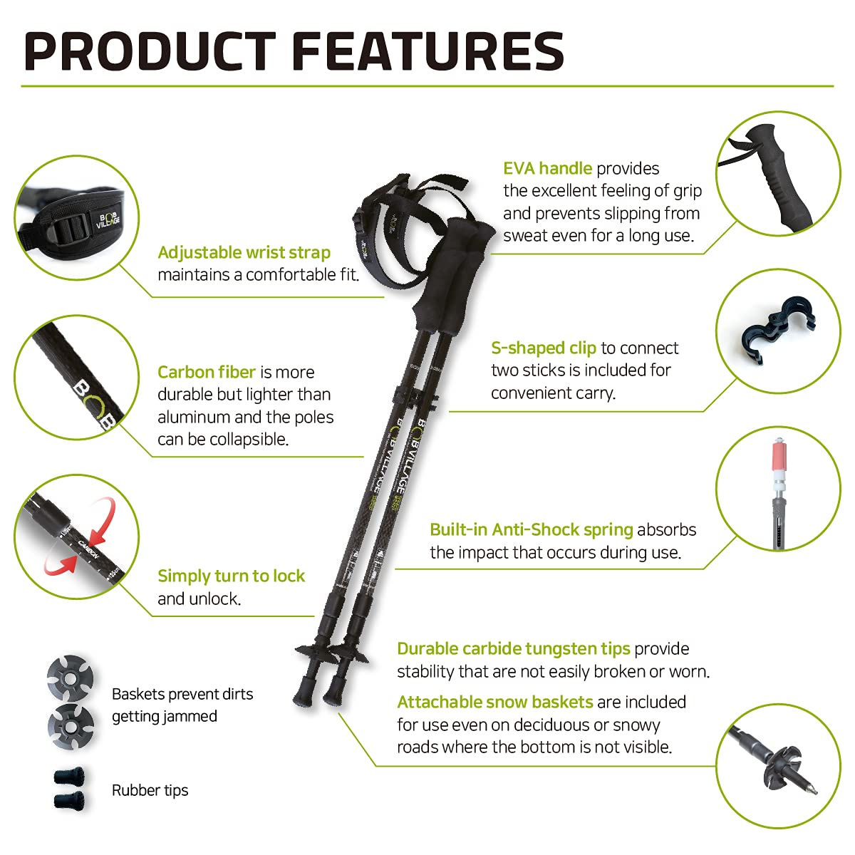 BOBVILLAGE Carbon Fiber Adjustable Trekking Poles, Premium Lightweight Collapsible Shock-Absorbent Hiking Walking Sticks for Backpacking Camping & Trail Running 51IN[Black]