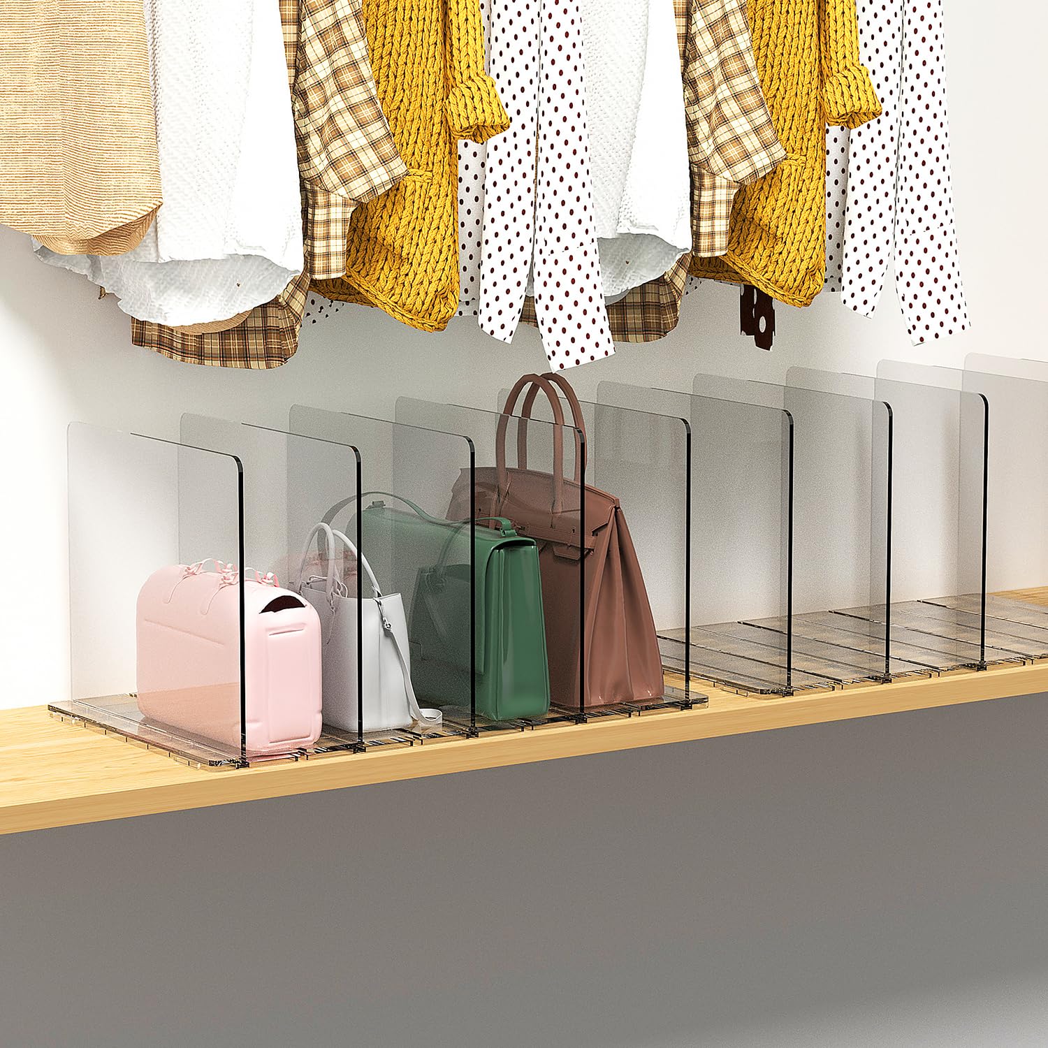 frtzal Purse Organizer for Closet, Shelf Dividers for Closet Organization Adjustable Plastic Handbag Organizers for Closets Purse Storage Organizer (4 layers Tra)