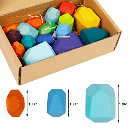 Cllayees 16 Pcs Wooden Stacking Blocks Rocks Building Toys, Colored Solid Wood Stones Pre-School Educational Games Creative Toys for Kids Toddlers